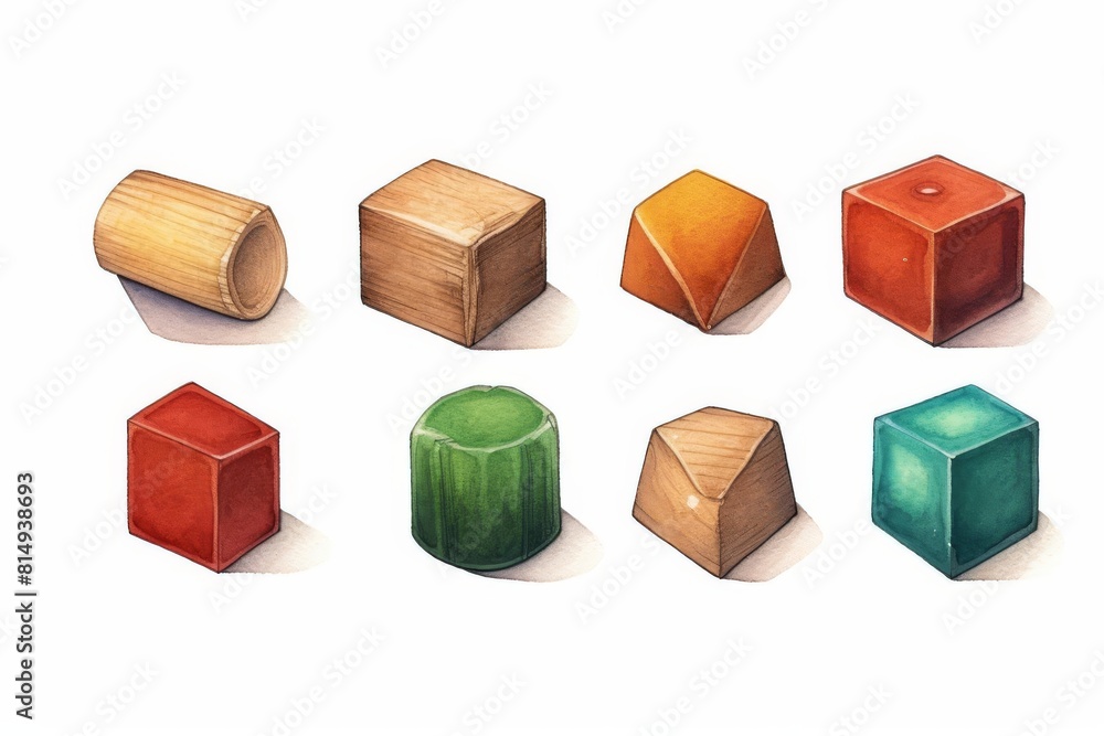 A set of 3D shapes, including a cylinder, a cube, a triangular prism, a ...