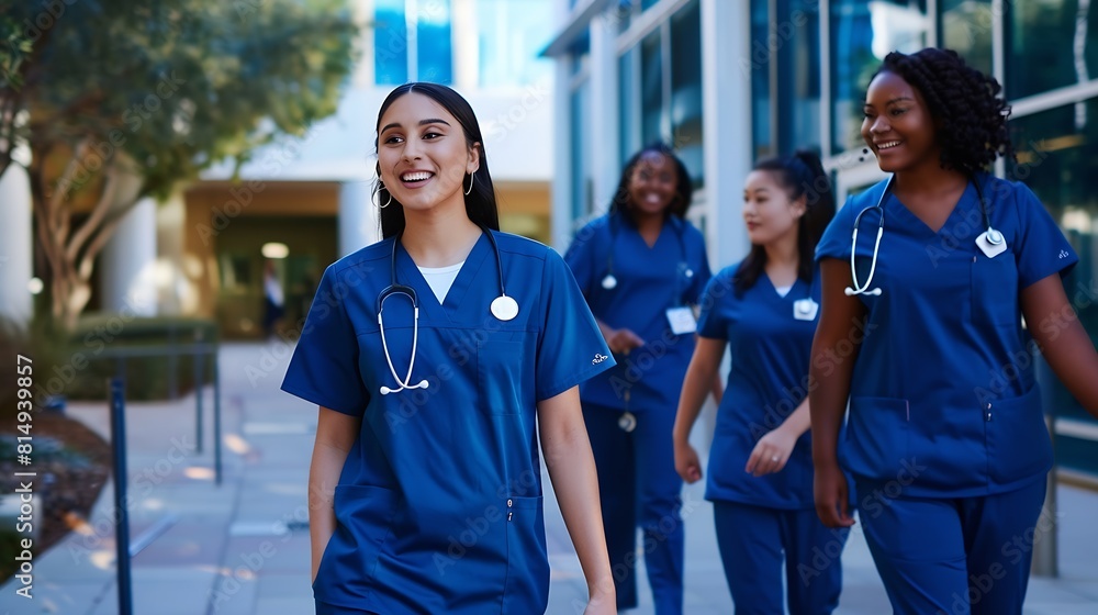 Diverse team of medical students young women in scrubs walk together on ...