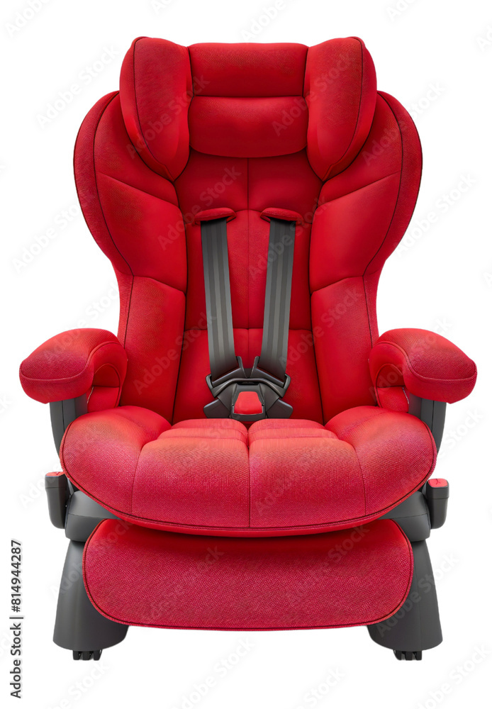 Red child car seat chair. Safety and protection with black belt during ...