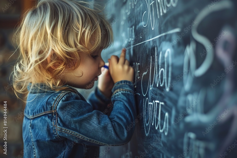 Little child writing letters and numbers on chalkboard Stock Photo ...