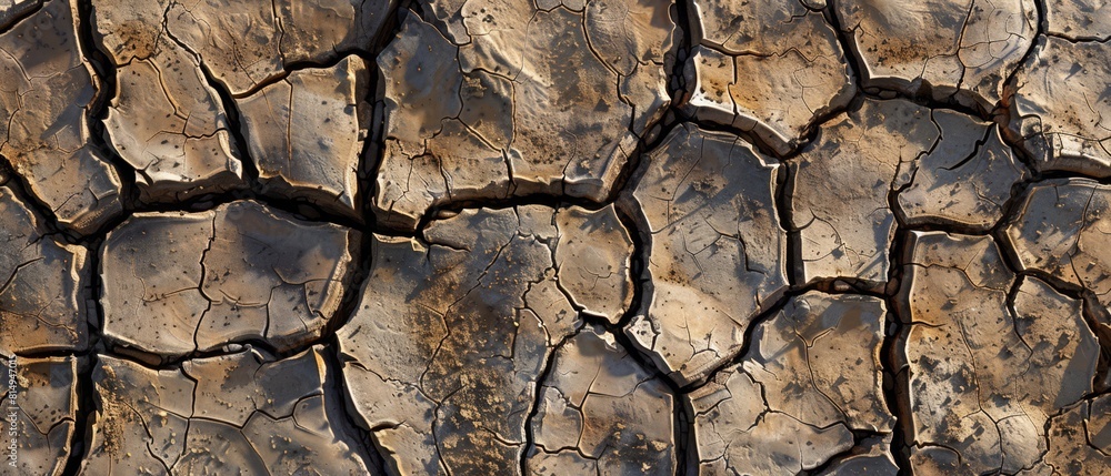 Mud flats cracked from sun exposure, detailed for themes of natural ...
