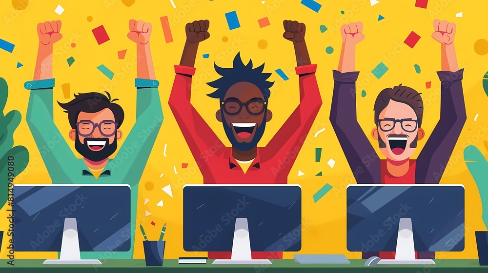 Three excited and diverse coworkers celebrate a work achievement while ...