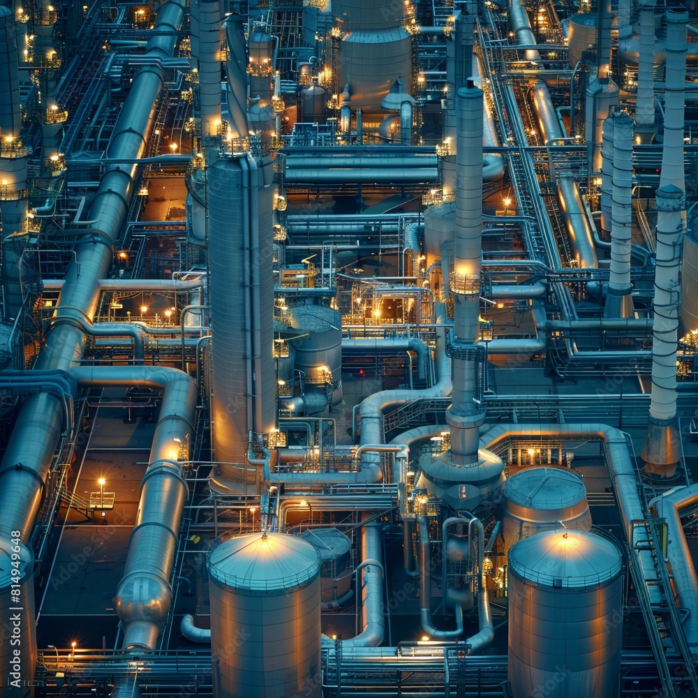 The industrial landscape of a chemical plant, featuring a maze of pipes ...