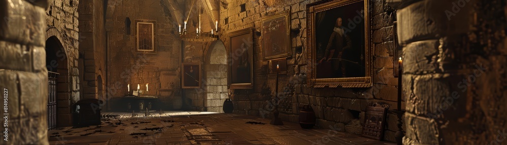 Within a medieval castle, a stoneframed mockup showcases ancient maps ...