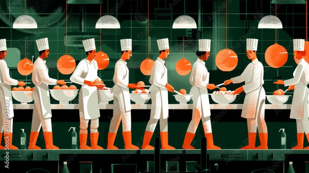 Illustration of chefs preparing gourmet dishes in a bustling high-end ...