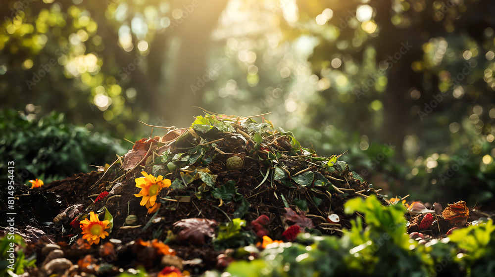 A compost pile with decomposing food waste and leaves, Bio waste, Dump ...