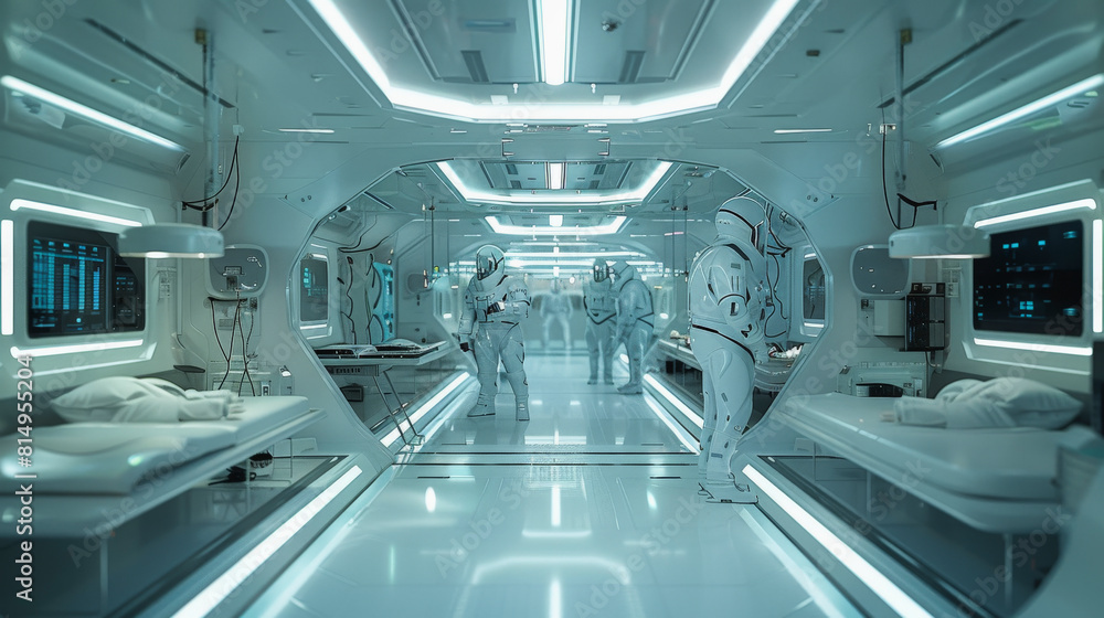 A futuristic medical bay with advanced equipment, robotic arms, and ...
