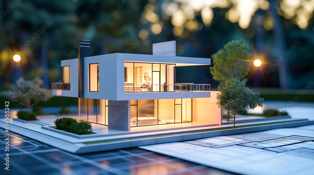 Mini modern house on blueprint architect, Architect designing on ...