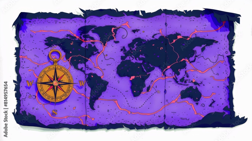 Illustration of an ancient compass overlaying a vintage world map with ...