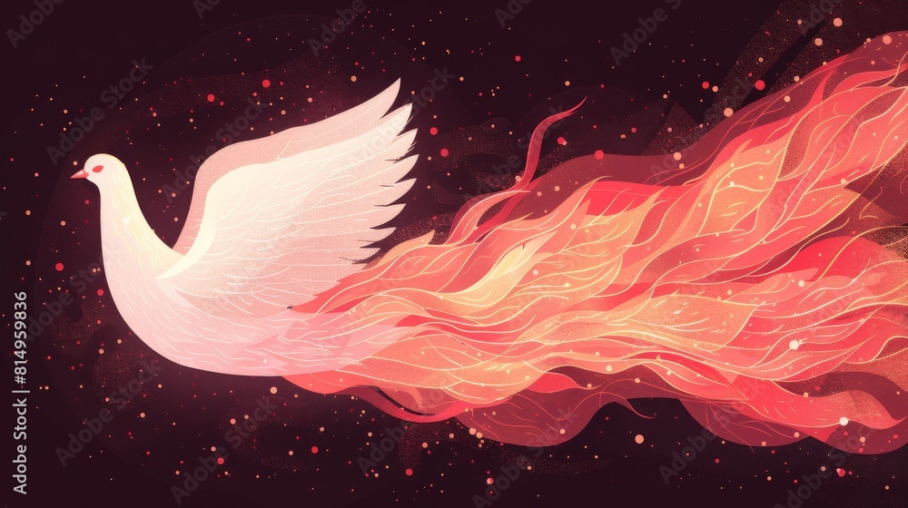An AI-generated illustration of a white dove in flight, adorned with a ...