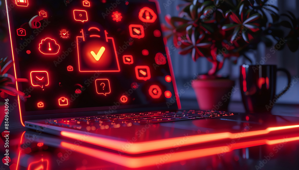 Laptop Warning Theme Laptop webcam covered by tape, bright red alert ...