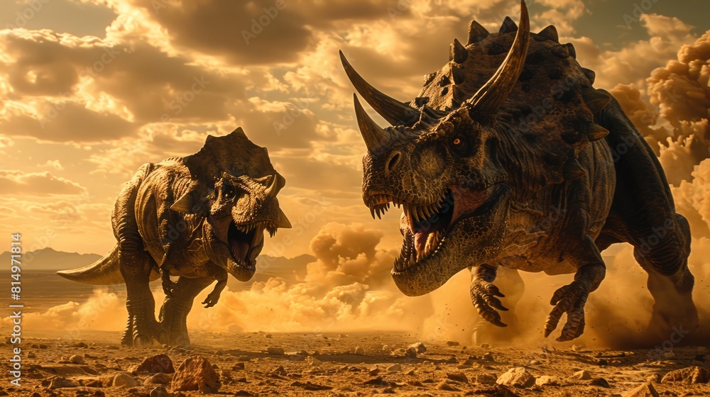 Two large, fierce Tyrannosaurus Rex dinosaurs running through a dusty, arid landscape under a ...
