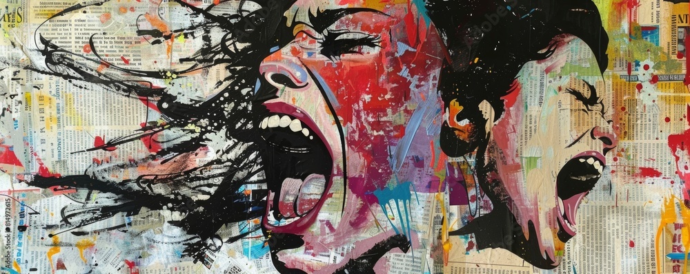 Colorful, emotional graffiti art of faces on a wall with newsprint ...