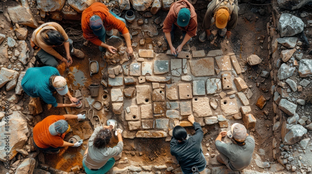 team of archeologists studying the layout of an ancient city using ...