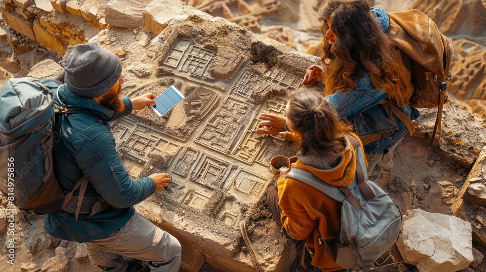 team of archeologists studying the layout of an ancient city using ...