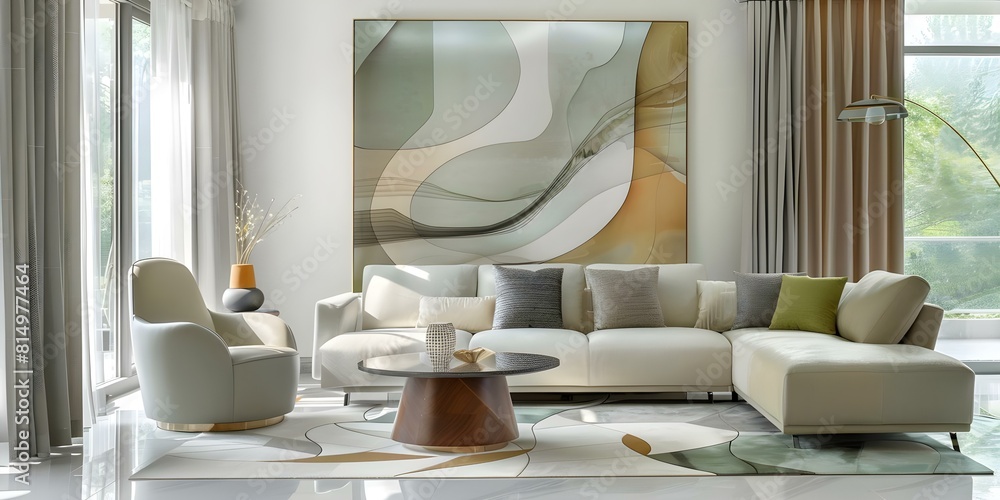 Midcentury modern living room with iconic furniture and geometric ...