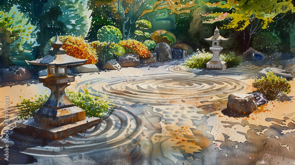 watercolor of A serene Japanese Zen garden , traditional stone lanterns ...