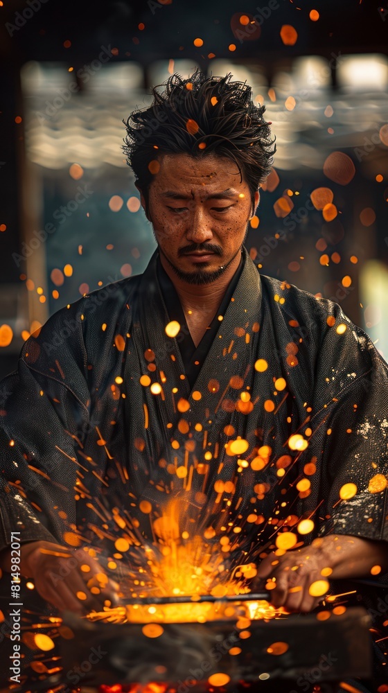 teenage Japanese blacksmith forging a traditional katana sword with ...