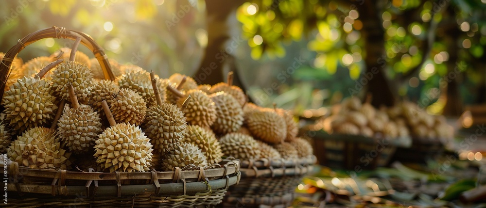 Bamboo baskets laden with durian fruits, ready for harvest, placed ...