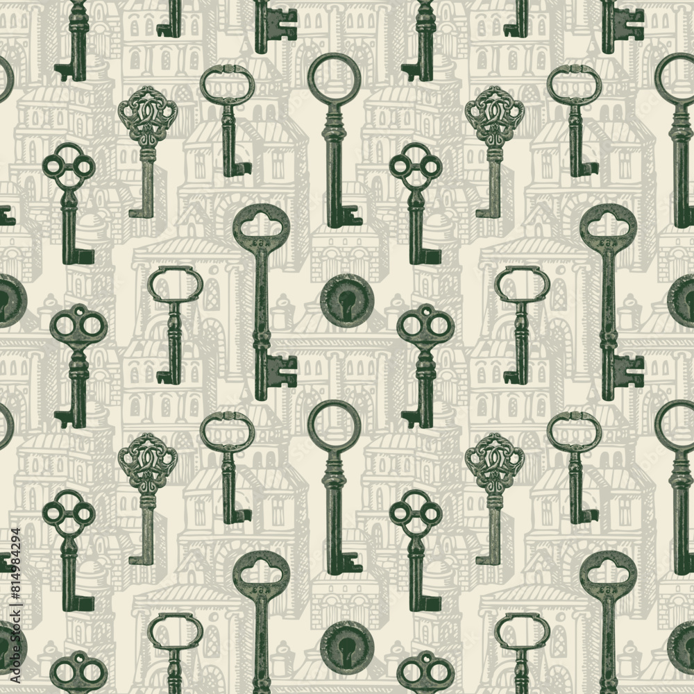 Seamless pattern with old wintage keys on background of old hand-drawn ...