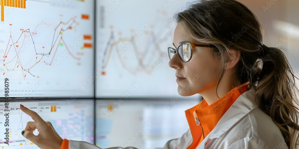 Young female data scientist analyzing risk management reports on large ...