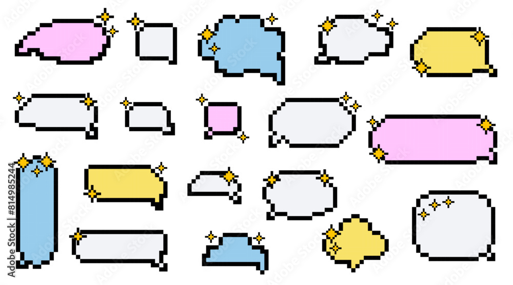 Set of pixel art colorful speech bubbles. Dialogue box with stars in 8 ...