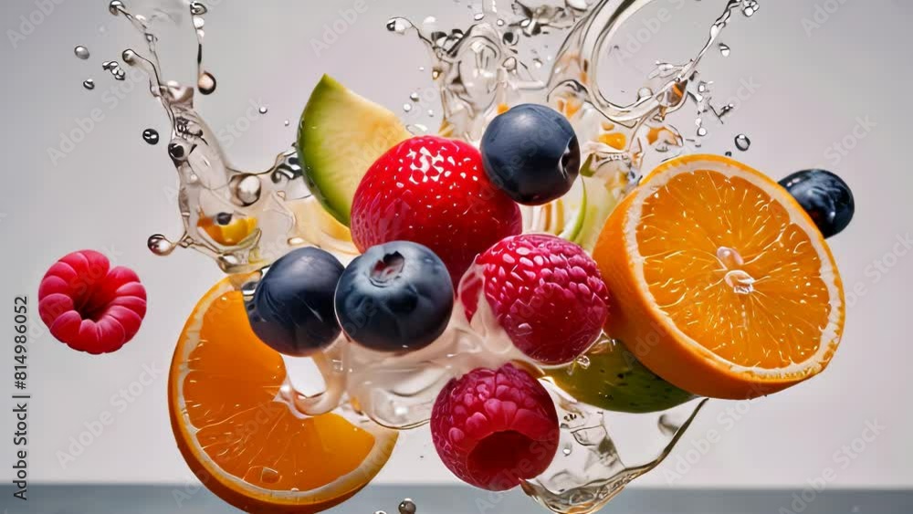 Video animation of vibrant and dynamic splash of water fruit, capturing ...