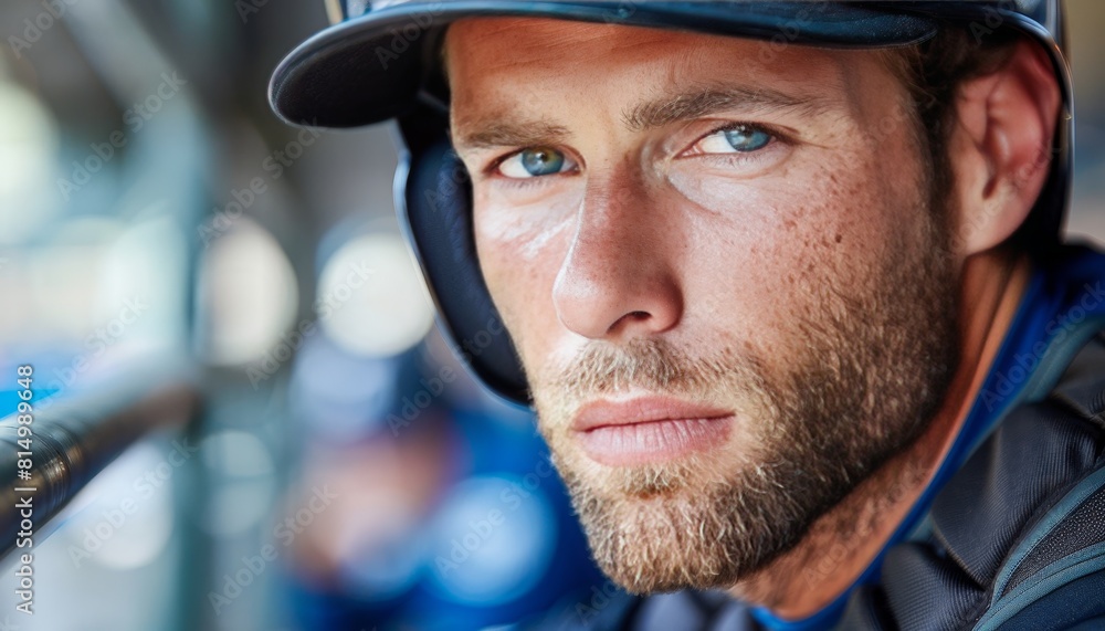 Intense focus baseball player tracking a fly ball with determined eyes ...