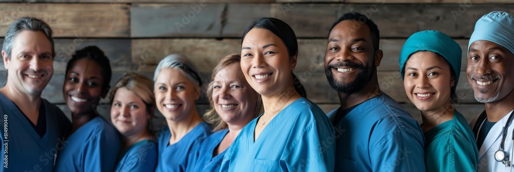A line-up of diverse medical staff in blue scrubs standing together ...