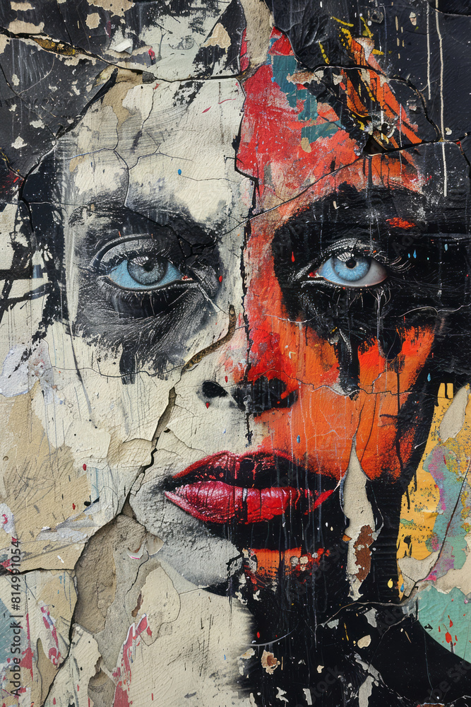 Grungy wall texture with posters of iconic rock bands, merged with ...