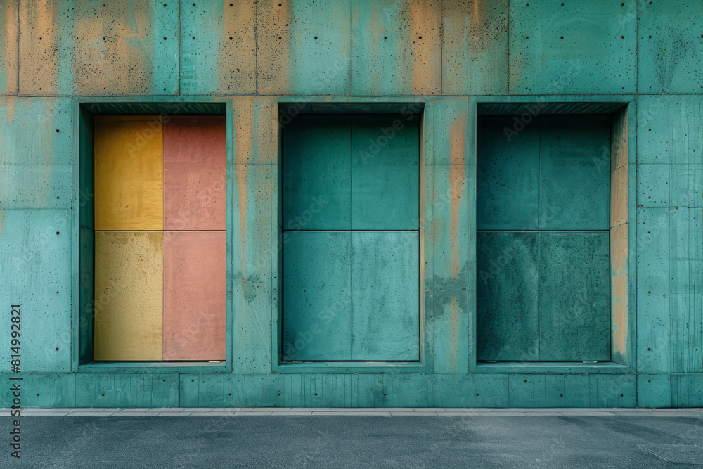 Three elongated, vertical rectangles in a muted palette of green, blue ...