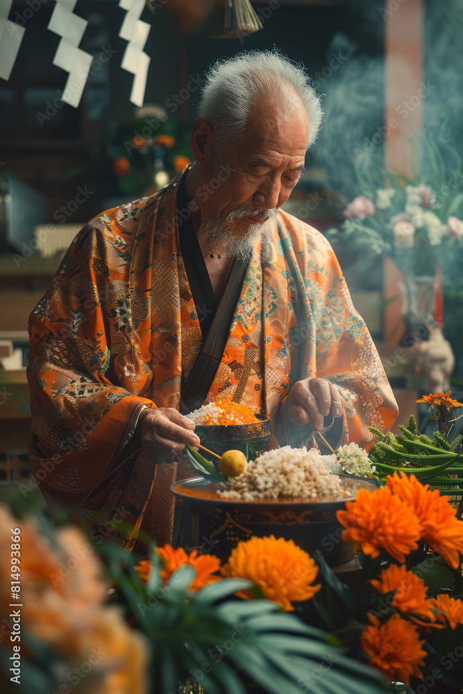 An illustration of a Shinto ritual involving offerings of rice and ...