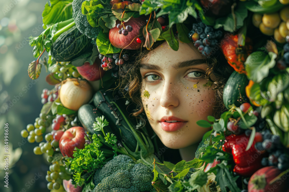 Image of a goddess surrounded by a wreath of seasonal vegetables and ...