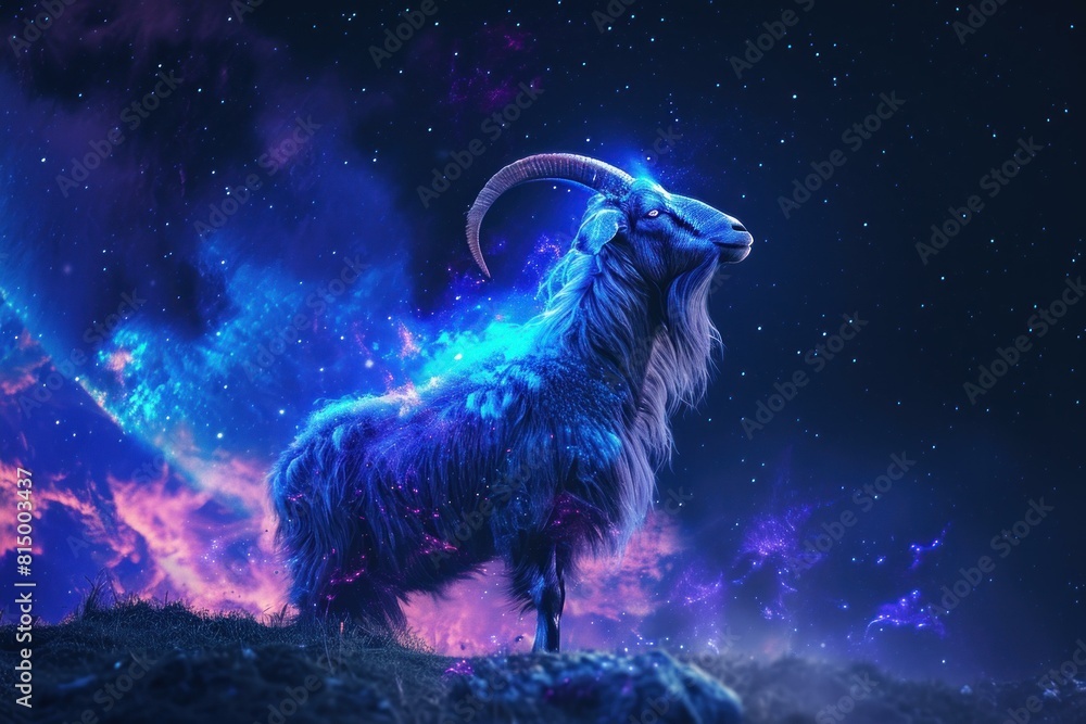 Majestic goat with a cosmic glow stands under a vibrant night sky ...