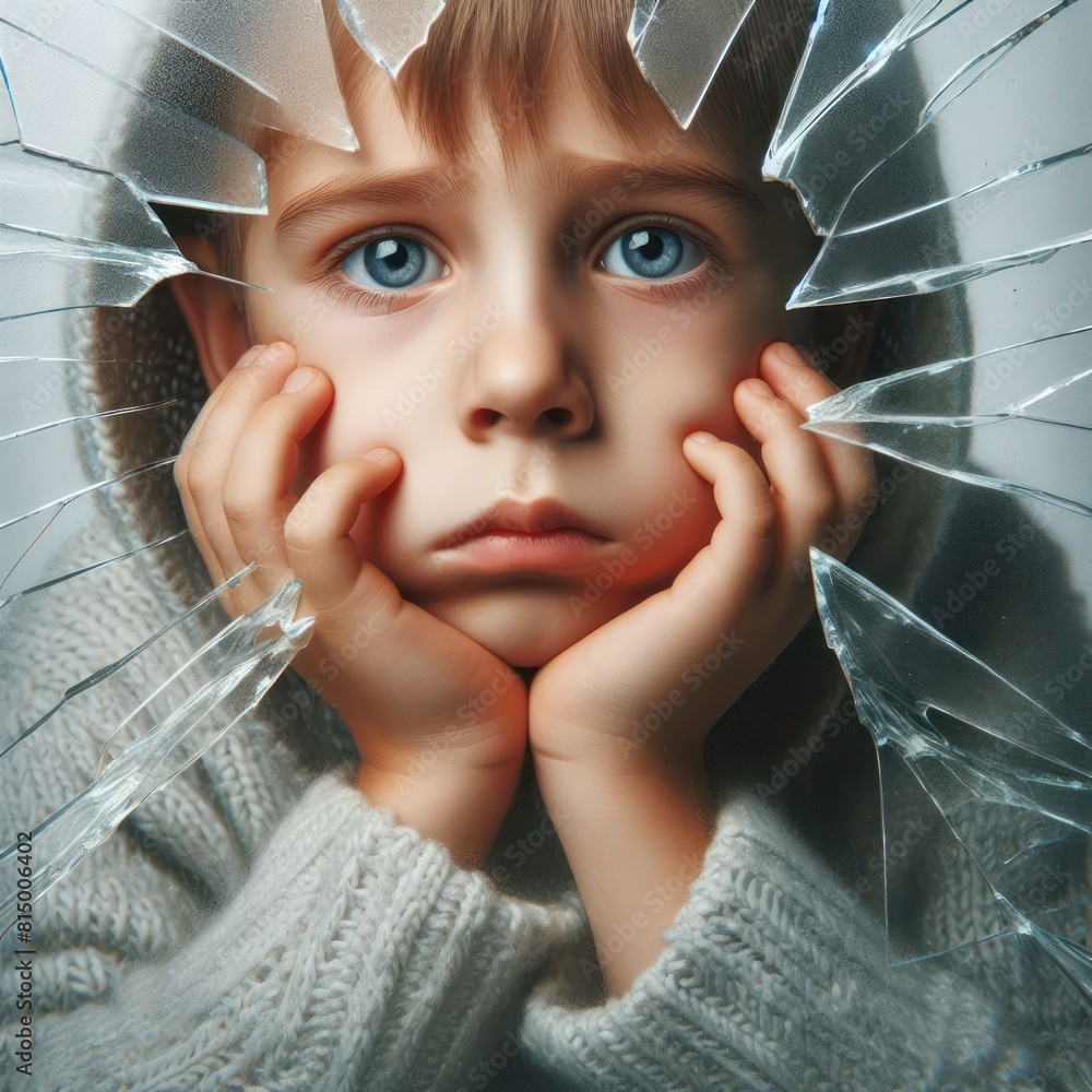 Portrait of a sad child behind broken glass Isolated on white ...