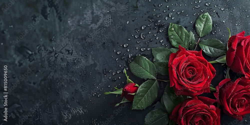 Red roses on dark background poster. Beautiful red flowers with water ...