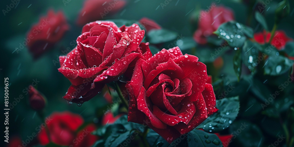 Red roses on dark background poster. Beautiful red flowers with water ...