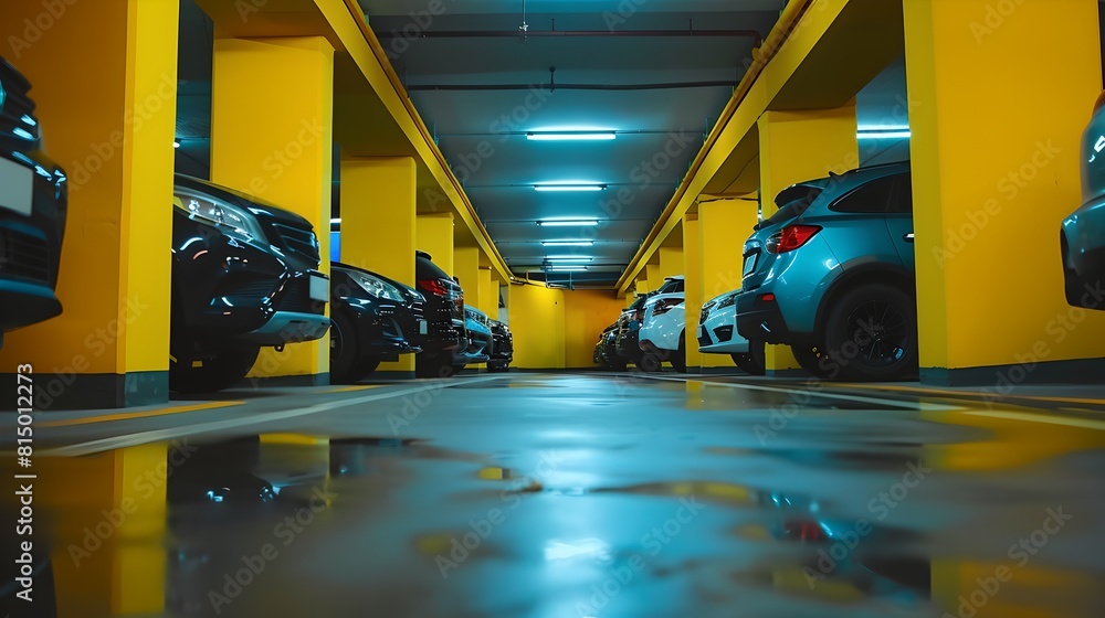 Illuminated parking lot interior with cars lined up. Modern urban ...