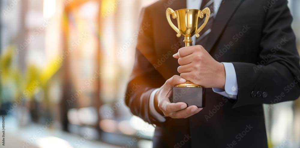 Professional businessman holding golden trophy in formal suit and ...