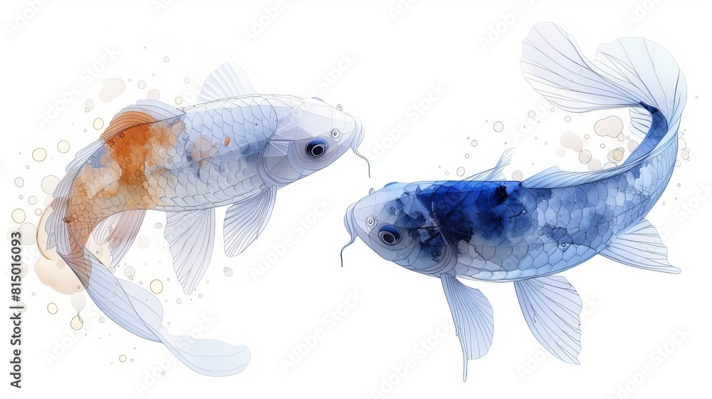 Two outlined low-polygon vector illustrations depict a white koi carp ...
