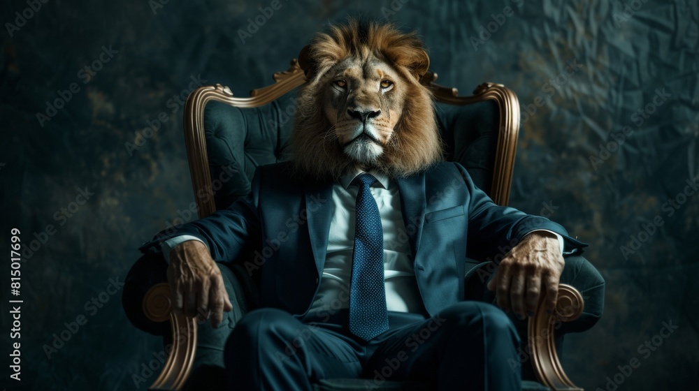 Regal lion with a human body dressed in a sharp business suit sitting ...