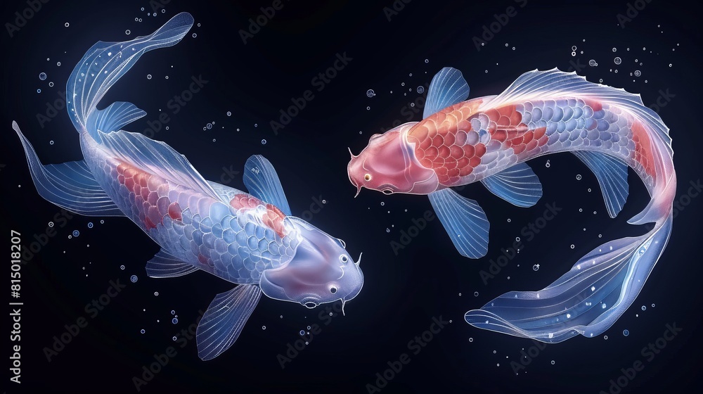 Two outlined low-polygon vector illustrations depict a white koi carp ...