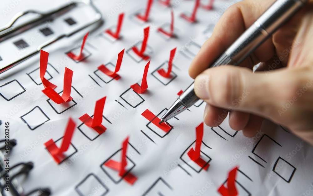 Hand marking checklists with red ticks using a pen. Stock Illustration ...