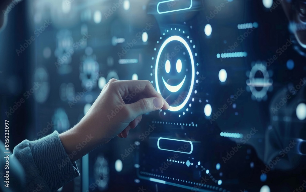 Person selecting a happy face emoticon on a digital interface. Stock ...