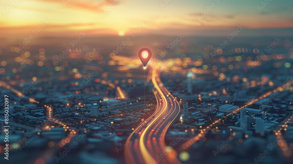 Navigation system route with panoramic city background in digital ...