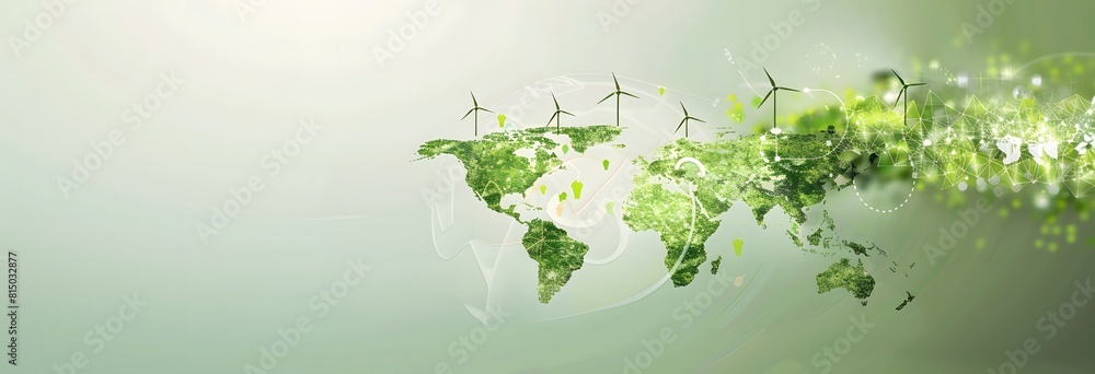 Green environment, world map and icons for ecofriendly sustainability ...