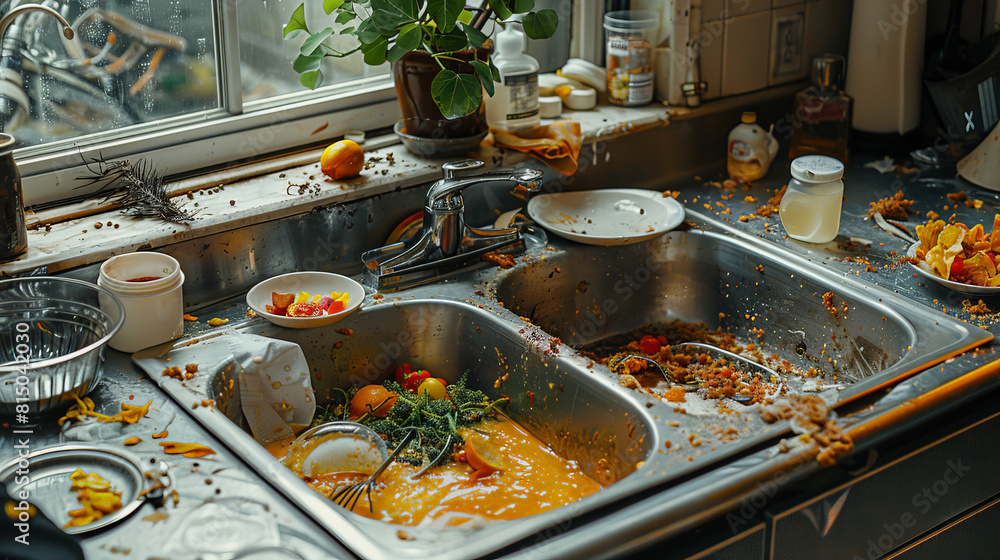 Stainless steel kitchen sink with dirty dishes and food leftovers ...