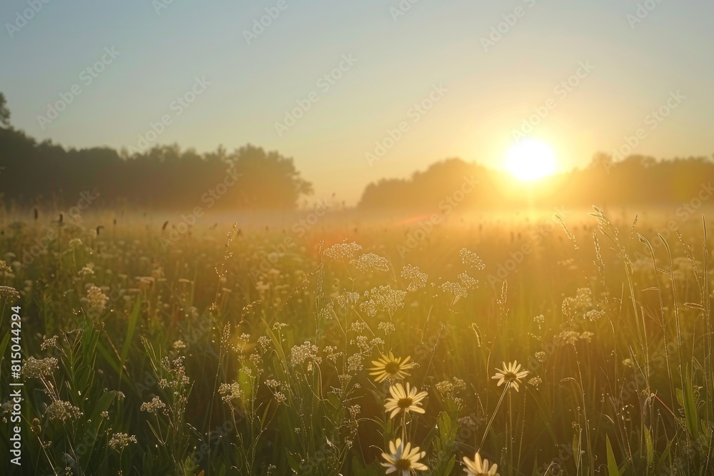 Sunrise over the meadow, a field of tall grass and wildflowers with ...