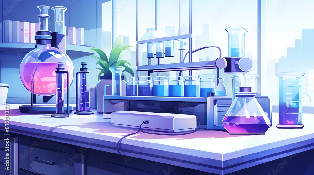 A modern chemistry lab with a large window, a desk, and various ...