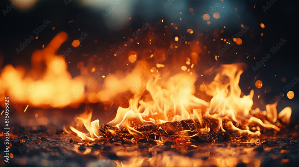 Burning red hot sparks rise from large fire in the night sky. Beautiful ...